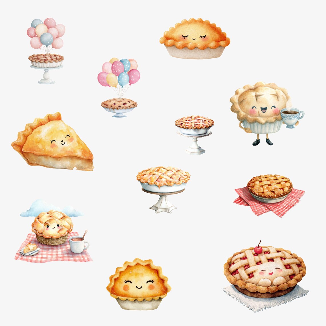 Cartoon Pie Clipart, Cute Pie PNG Bundle, Dessert Illustration, Kawaii ...