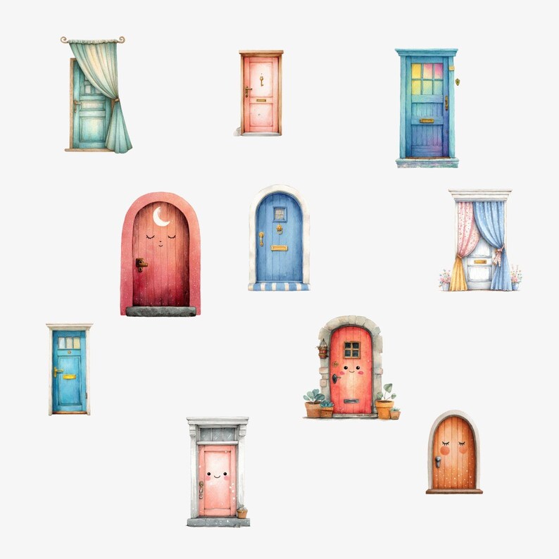 Cartoon Door Clipart, Cute Door PNG Bundle, Kawaii House Illustration ...