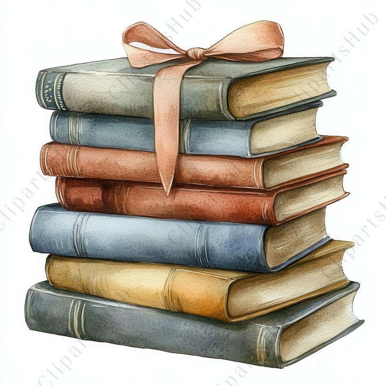 29 Vintage Book Stack Clipart, Watercolor Antique Books With Bows ...