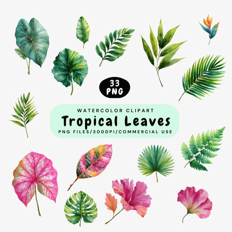 Tropical Leaves Clipart: Watercolor Jungle PNG Bundle, Green Plant ...