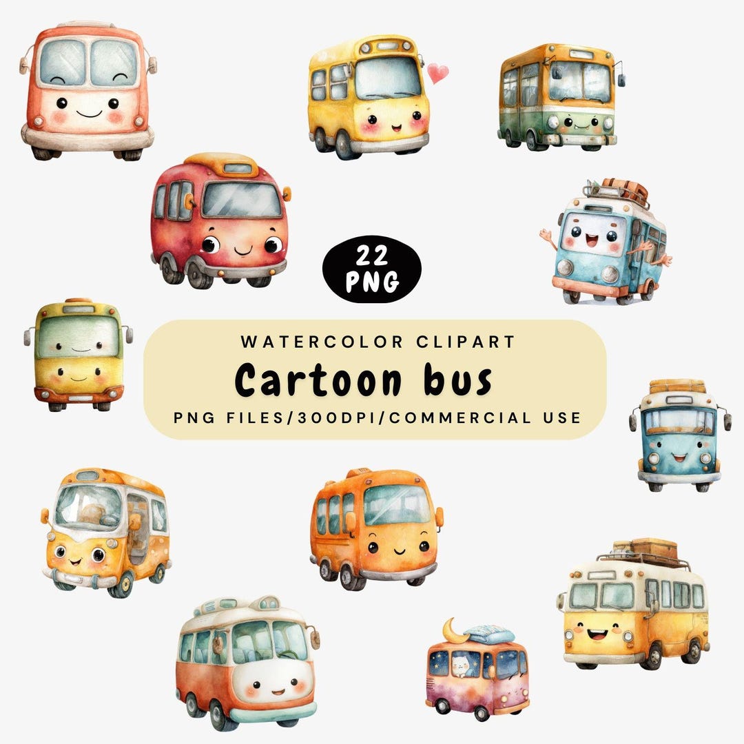 Bus Clipart, Cartoon Bus PNG Bundle, Cute Vehicle Illustration, Kawaii ...