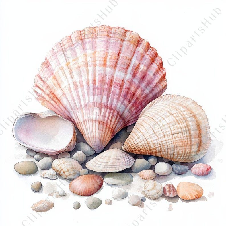 14 Seashell Clipart Bundle, Watercolor Seashell Pack, Beach Ocean ...