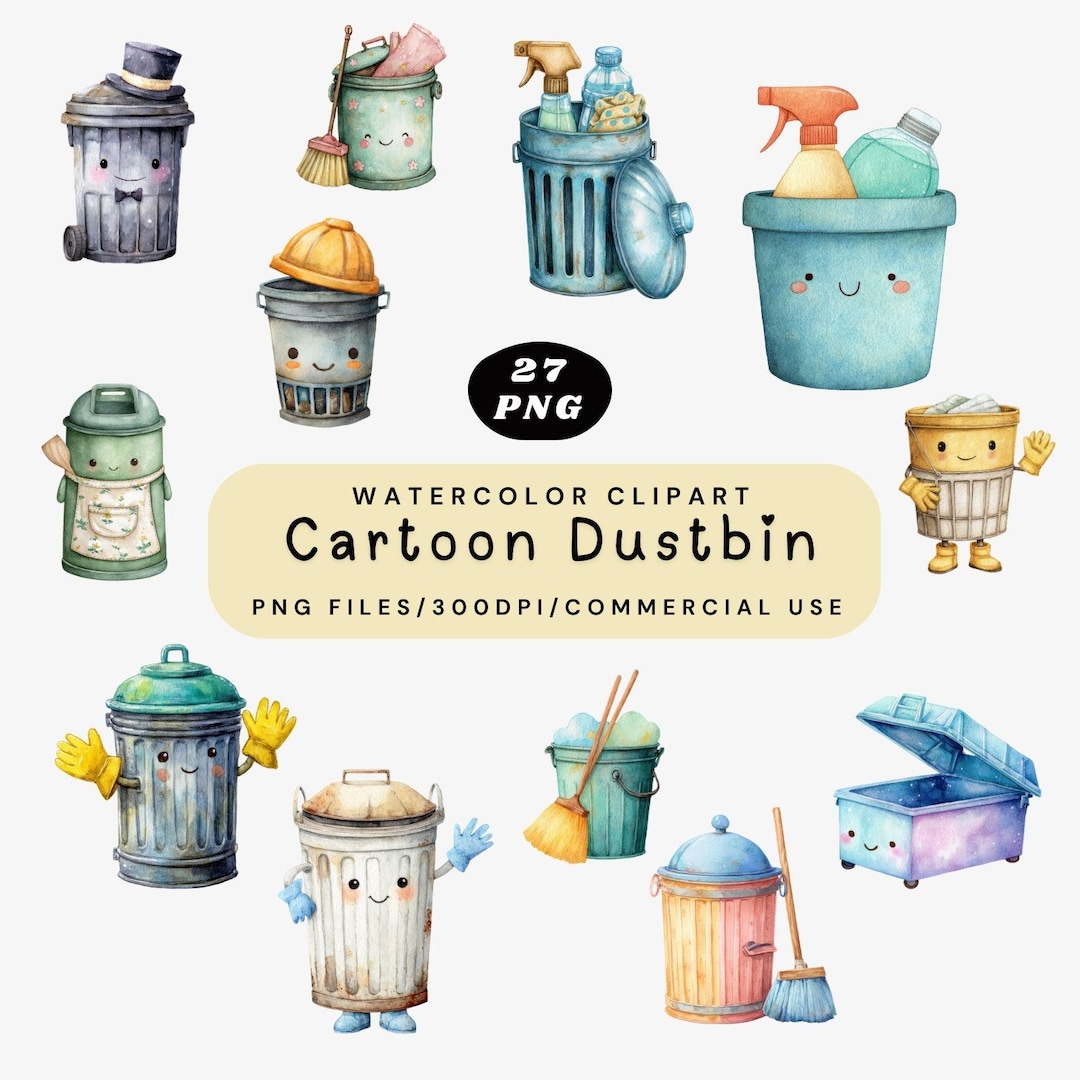 Cartoon Dustbin Clipart, Cute Trash Can PNG Bundle, Kawaii Garbage Bin ...