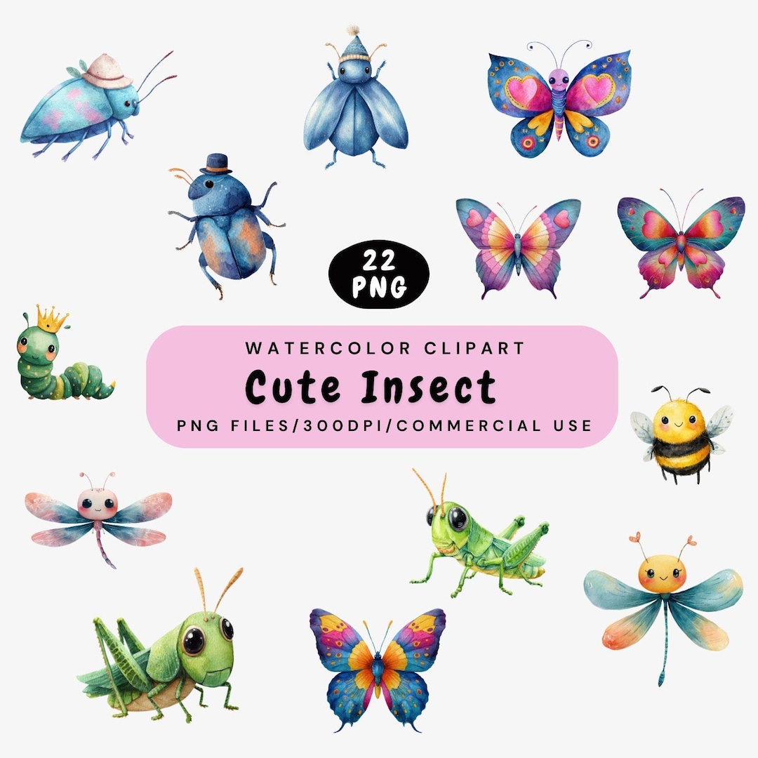 Cute Insect Clipart, Bug PNG Bundle, Cartoon Butterfly Bee Ladybug ...