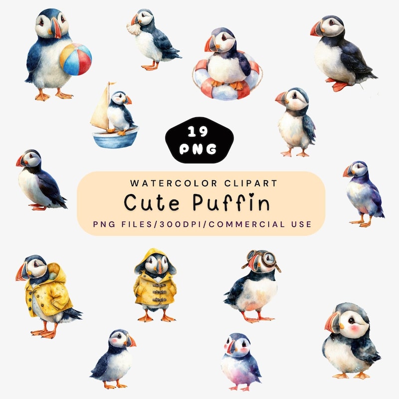Digital Watercolor Puffins - Etsy Norway