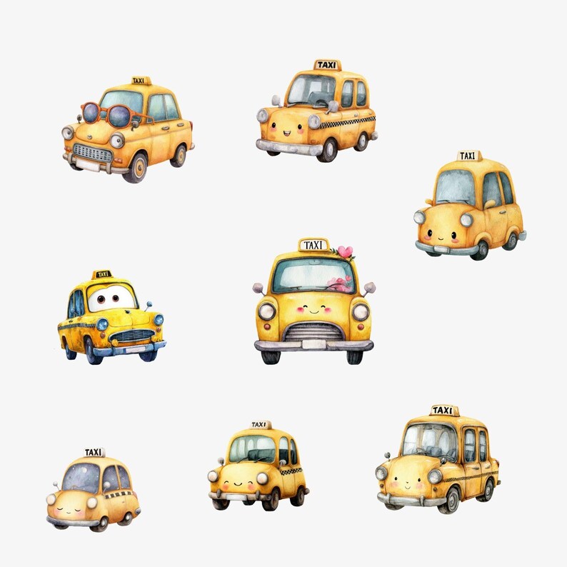 Cartoon Taxi Clipart, Cute Taxi PNG Bundle, Kawaii Transport ...
