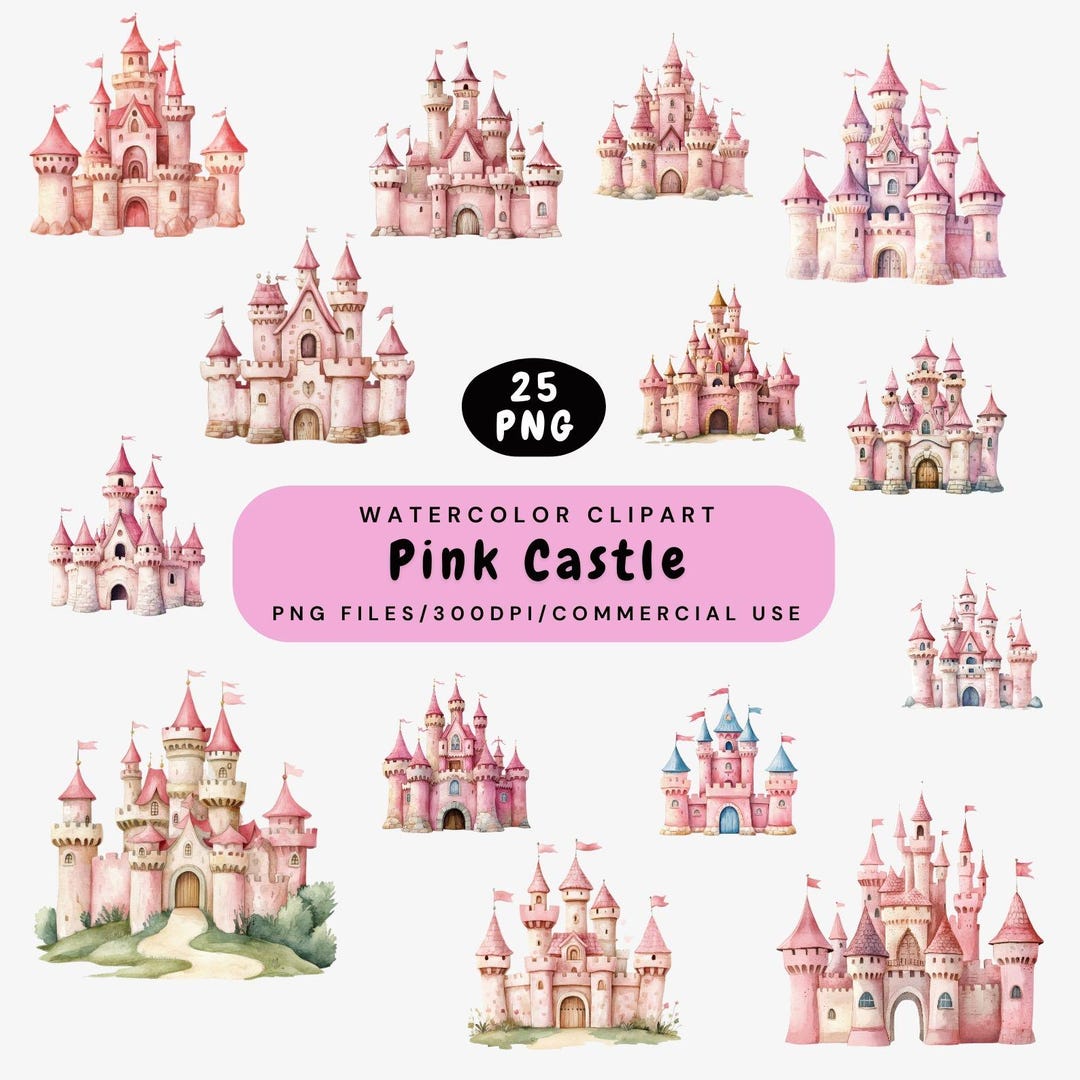 Pink Castle Clipart: Watercolor Princess PNG Bundle, Cute Fairytale ...