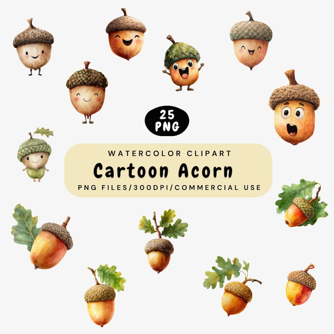 Cartoon Acorn Clipart Bundle: Kawaii Autumn PNG (digital Download) - Etsy