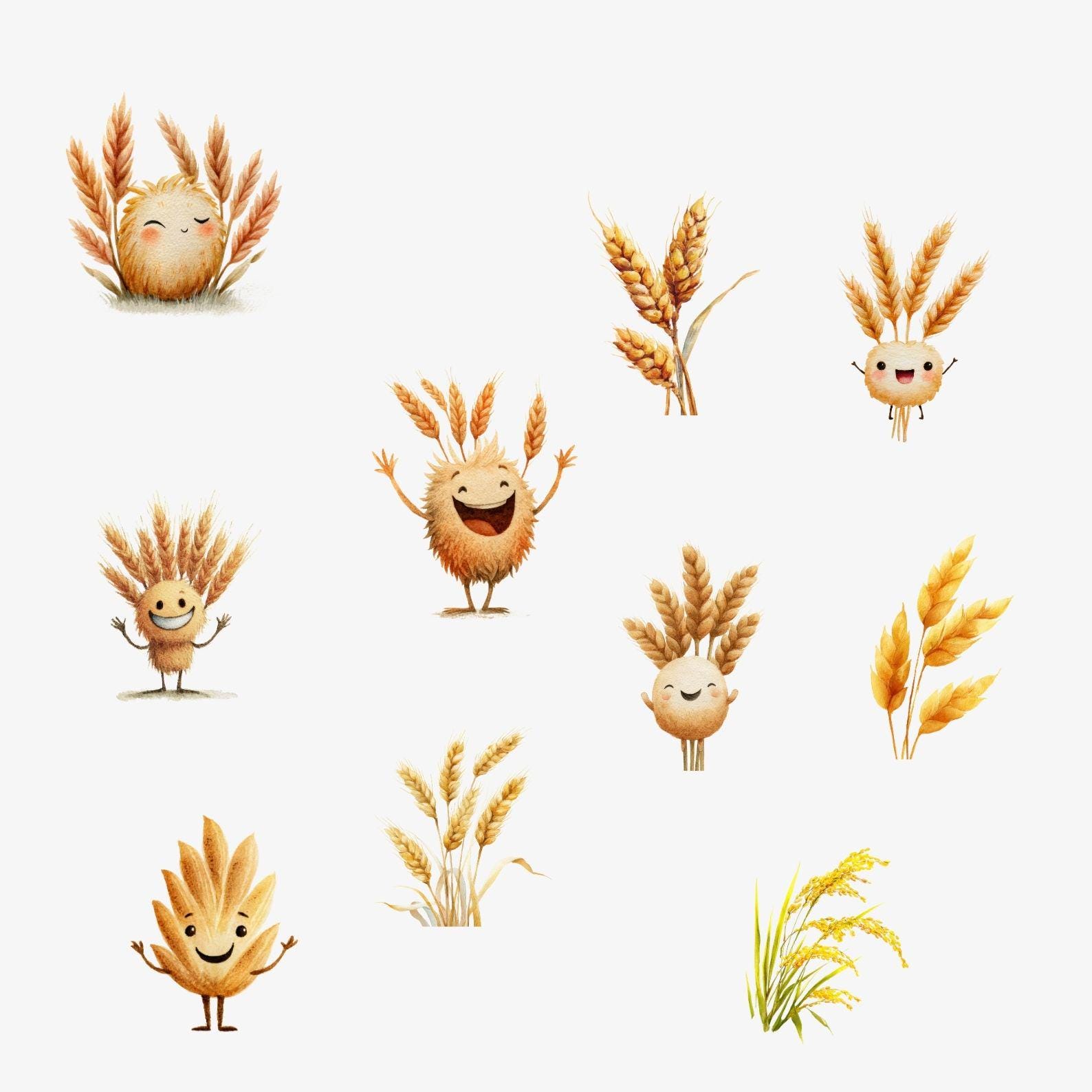 Cartoon Wheat Clipart, Cute Wheat PNG Bundle, Kawaii Grain Illustration ...
