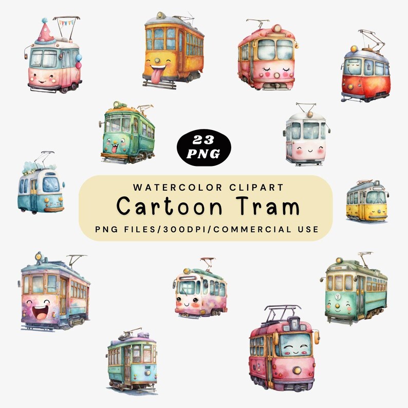 Cartoon Tram Clipart, Cute Tram PNG Bundle, Kawaii Transport ...
