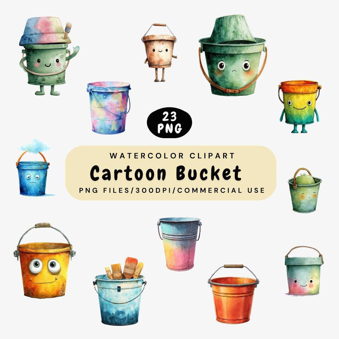 Cartoon Bucket Clipart Bundle: Kawaii Water Pail PNG (digital Download ...