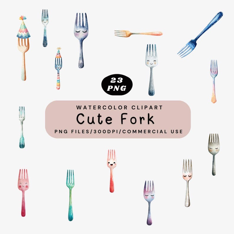 Cute Fork Clipart, Cartoon Utensil PNG Bundle, Kawaii Kitchen ...