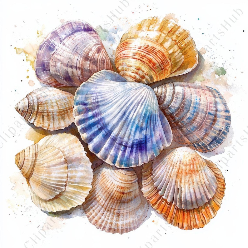 14 Seashell Clipart Bundle, Watercolor Seashell Pack, Beach Ocean ...