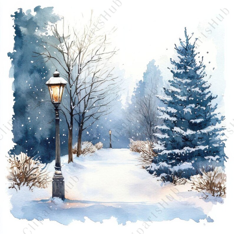 19 Winter Forest Lamp Post Clipart, Watercolor Snowy Landscape, Cozy ...