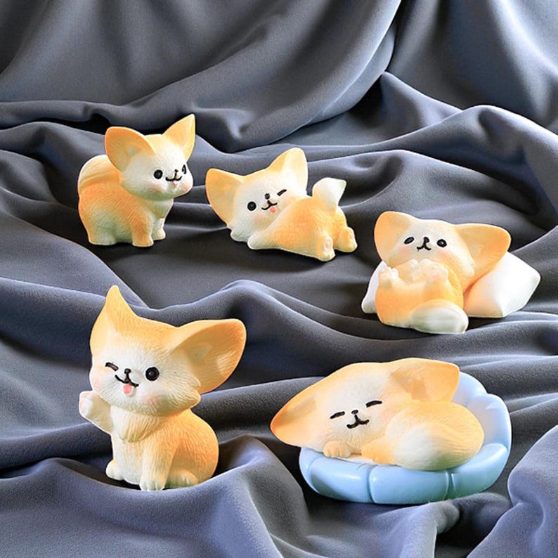 Kawaii Fennec Fox Figurine Set, Cute Chibi Fox Miniature for Fairy ...