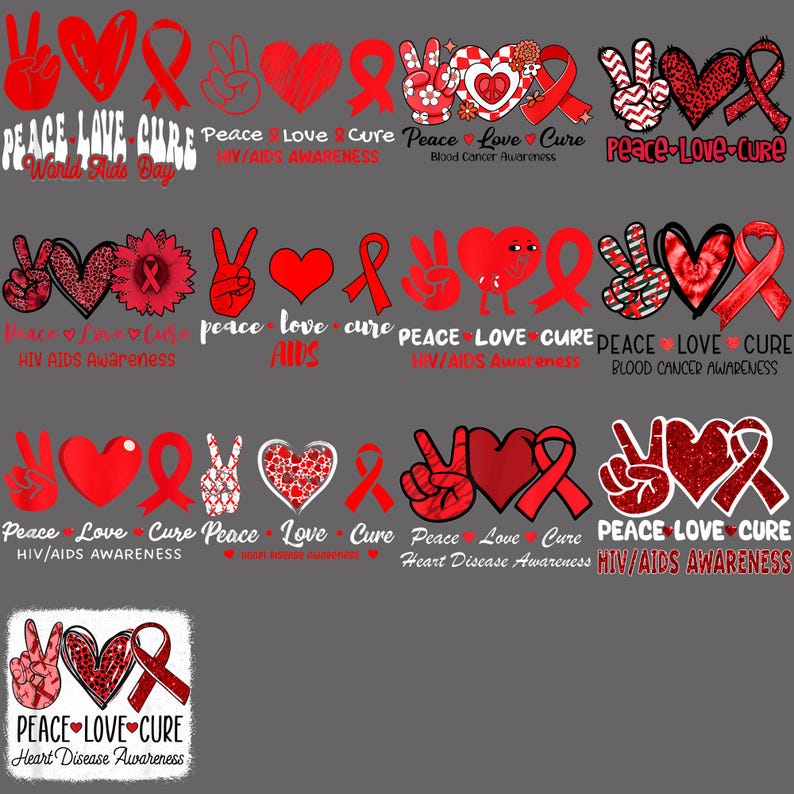 Peace Love Cure Hiv AIDS Awareness PNG, Red Ribbon Clipart Design ...