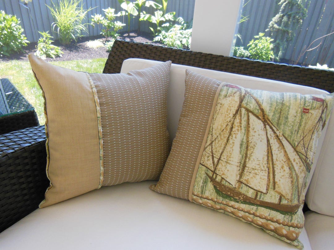 Outdoor Ship Pillow - Beach Pillow - Porch Pillow - Vintage Style - Tan ...