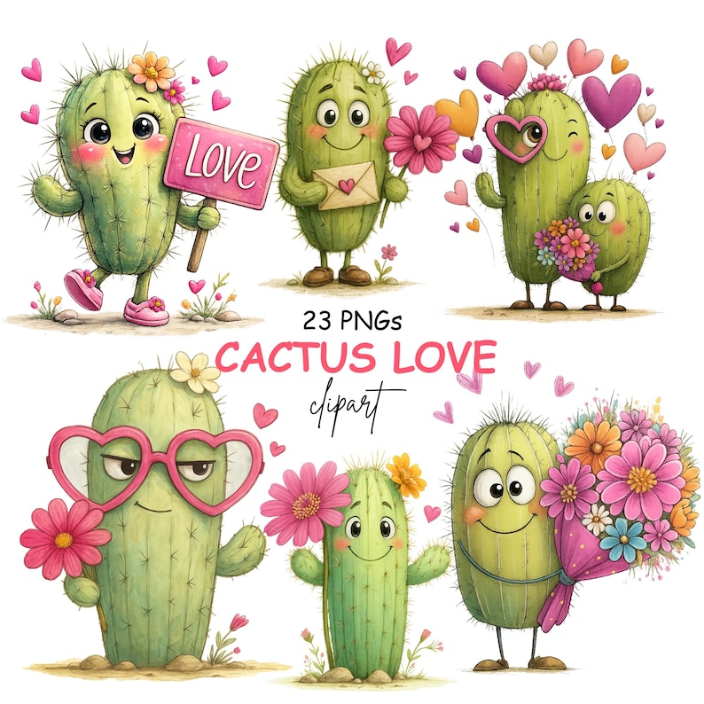 Cactus Valentine's Day Whimsical Clipart, Love Graphics, Green Cactus ...