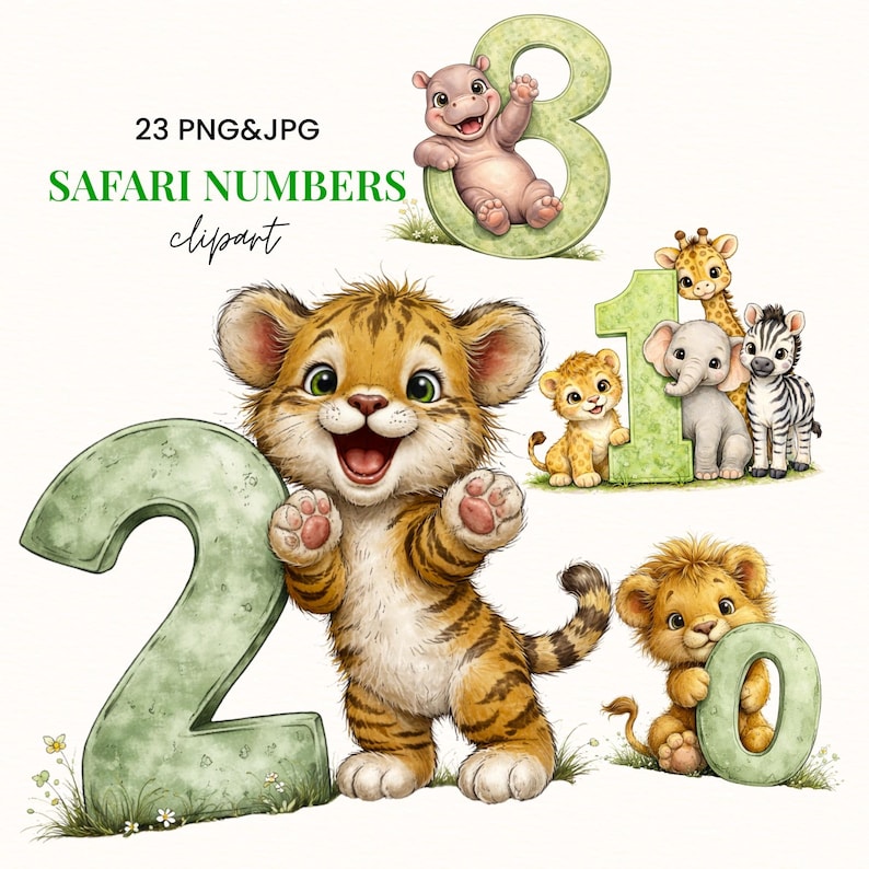 Safari Numbers Clipart PNG, Jungle Animals Numbers 0-9, Cute Baby ...