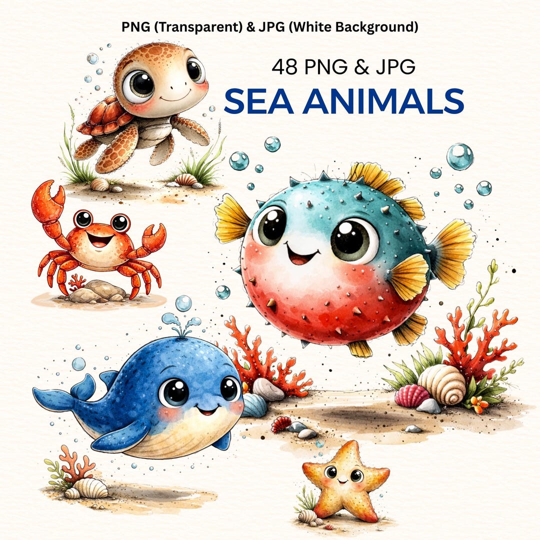 Sea Animals Clipart Set, Ocean Animals PNG, Cute Watercolor Sea ...