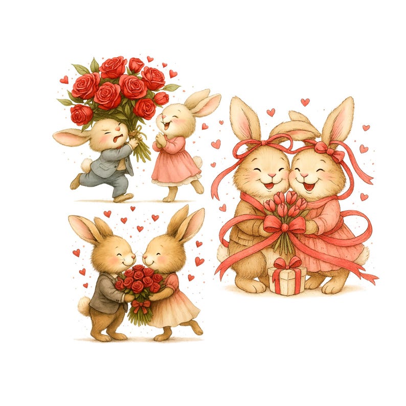 Valentine’s Day Bunnies Clipart, Whimsical Cute Love Rabbits PNG Bundle ...