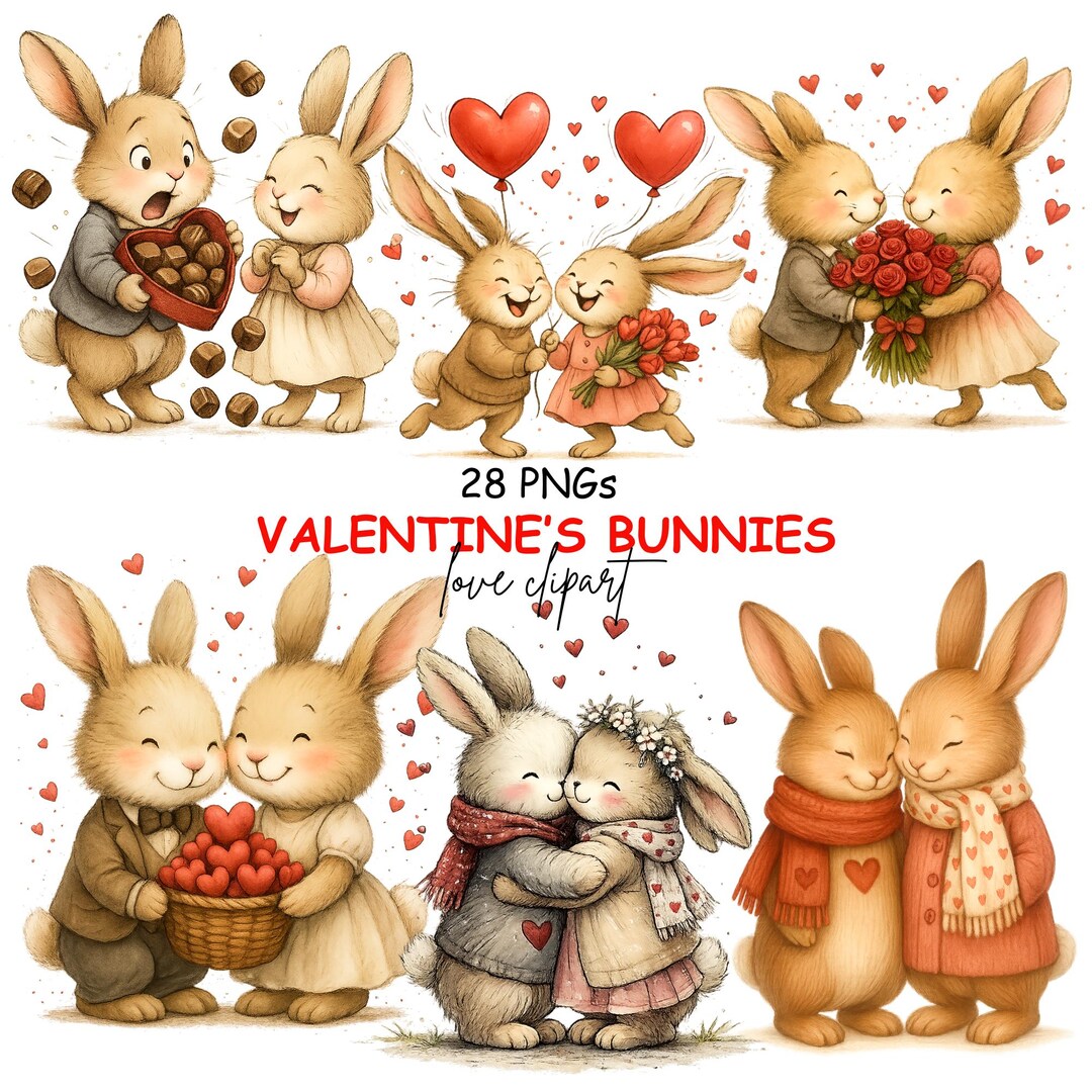 Valentine’s Day Bunnies Clipart, Whimsical Cute Love Rabbits PNG Bundle ...
