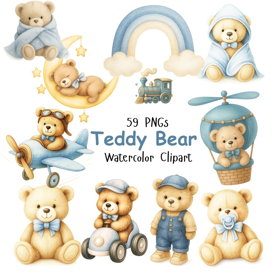 Teddy Bear Watercolor Clipart Set Baby Shower Boy Invitation Nursery ...