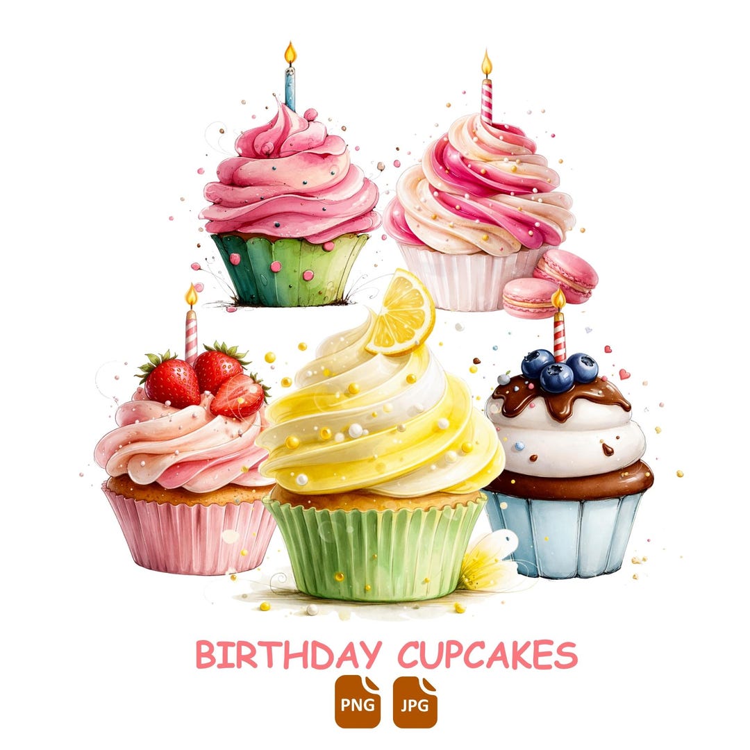 Birthday Cupcakes Clipart, Birthday Cake Bundle PNG, Whimsical Cake ...