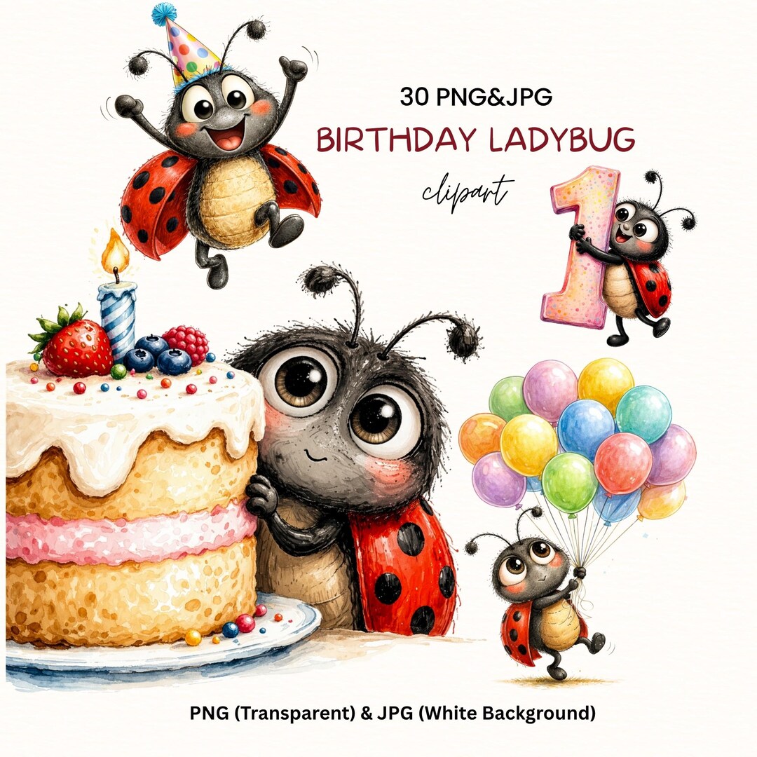 Ladybug Birthday Clipart, Watercolor Insect Party Illustrations ...