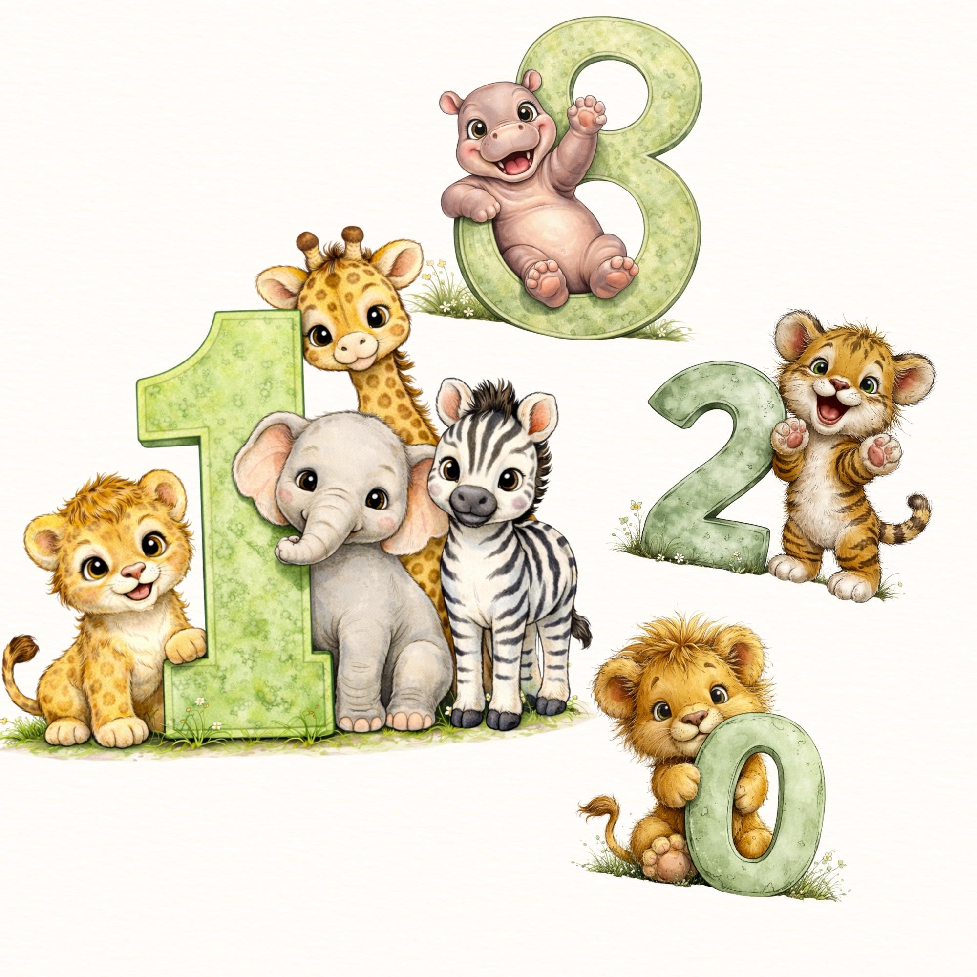 Safari Numbers Clipart PNG, Jungle Animals Numbers 0-9, Cute Baby ...