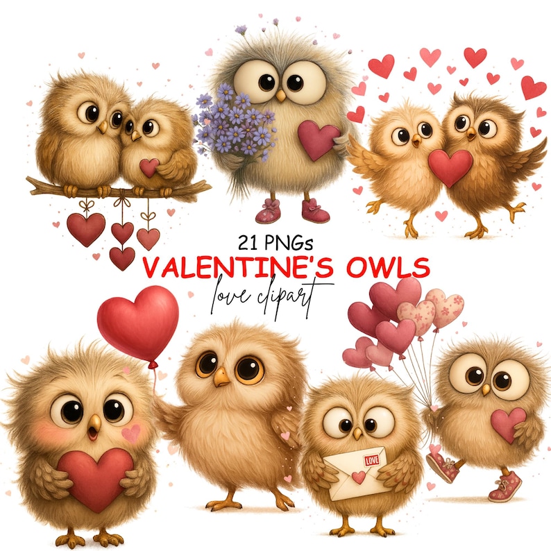 Valentine's Day Owls Clipart, Whimsical Love Nursery Graphics, Cute ...