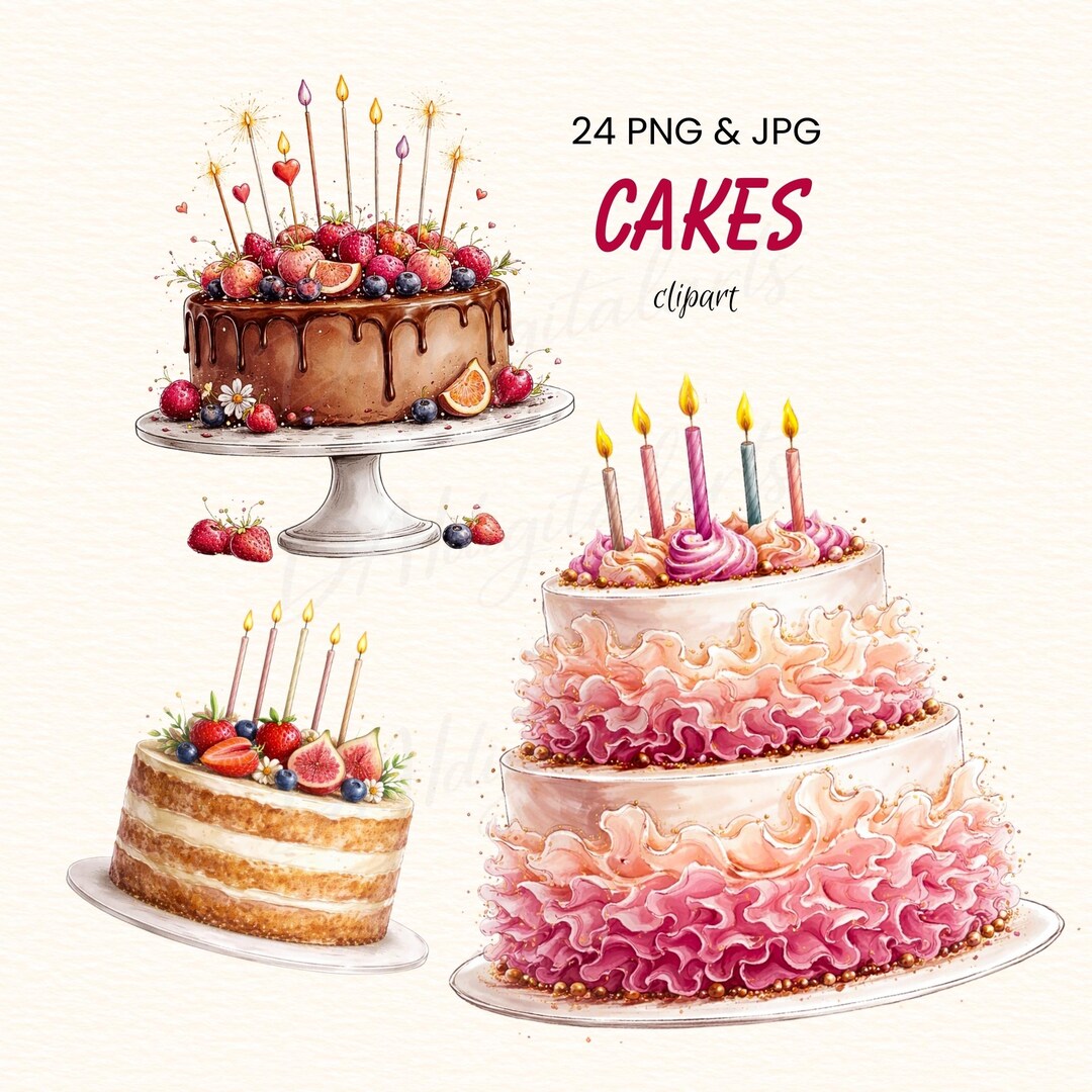 Birthday Cake Clipart Set, Watercolor Cakes Illustration, Party Dessert ...