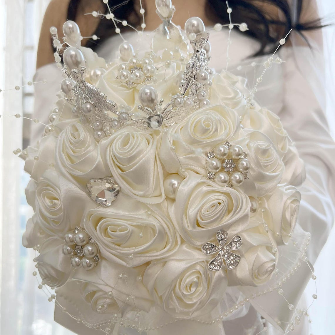 Ivory Satin Rose Bridal Bouquet: Pearl Rhinestone Embellishments - Etsy