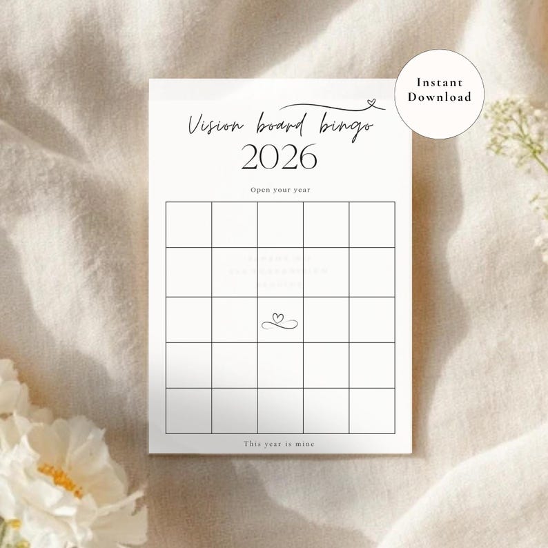 2026 A Page Heart Vision Board Bingo Card Printable | Blank New Year ...