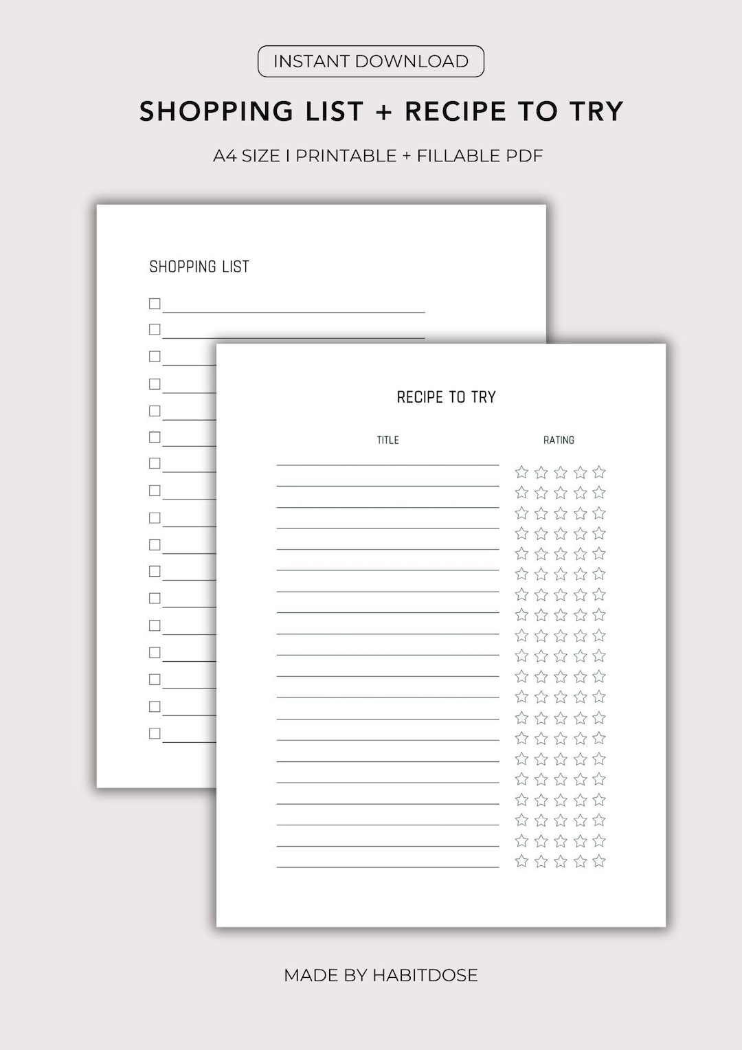 Printable Shopping List & Recipe Tracker: Minimalist Kitchen Organizer ...
