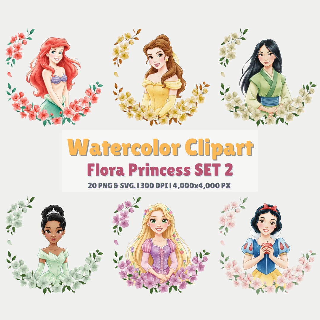 Watercolor Flora Princess SET 2 Clipart Bundle | 20 PNG & SVG 4000px ...