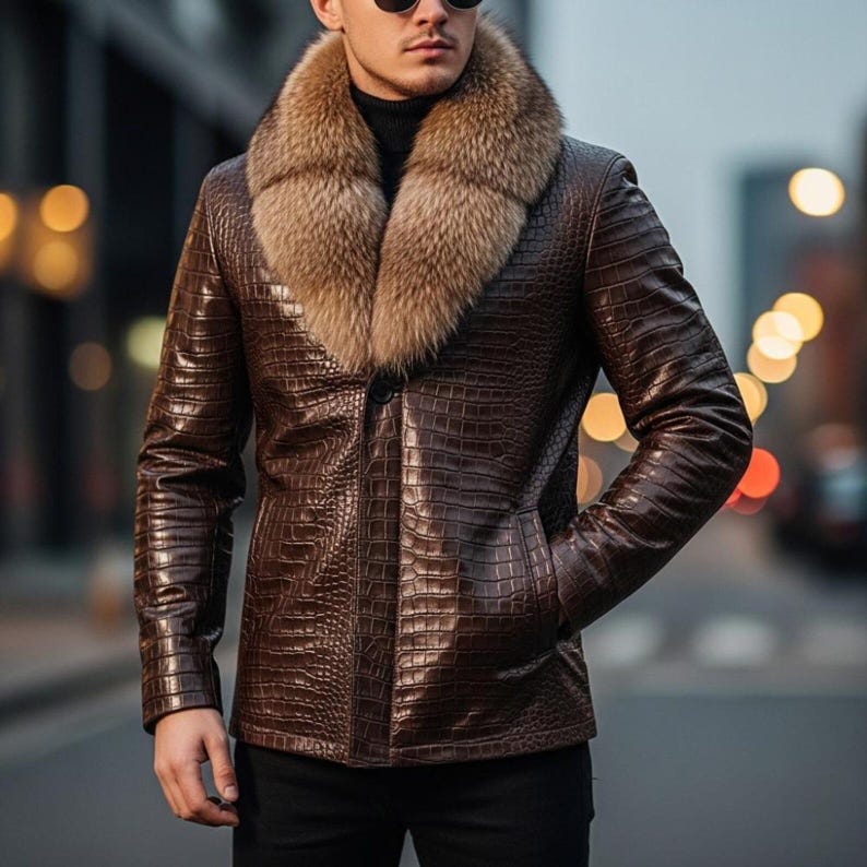 Fur Collar Men’s Leather Jacket Crocodile Embossed Texture Stylish Men ...