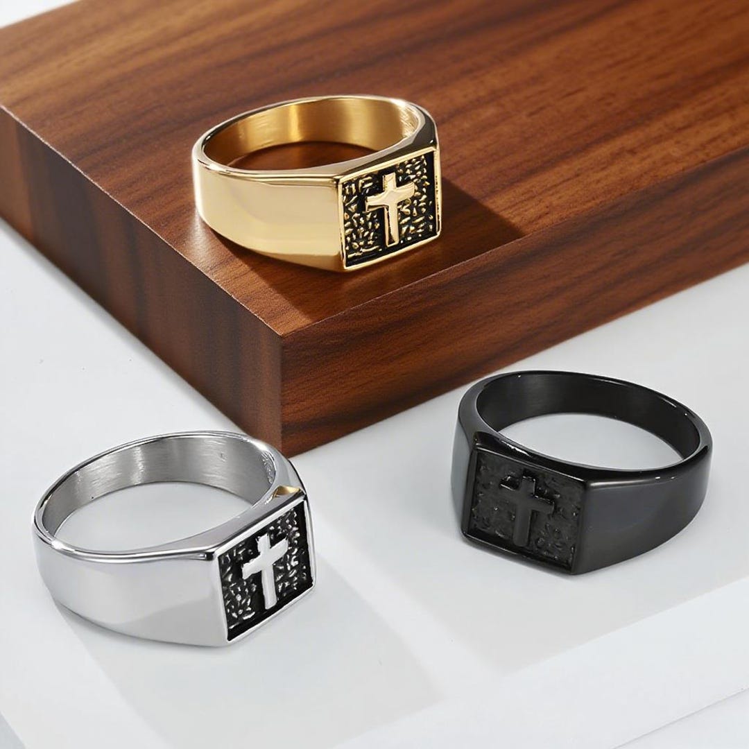 Rectangular Cross Ring for Men, Christian Signet Ring, Baptism Gift Men ...