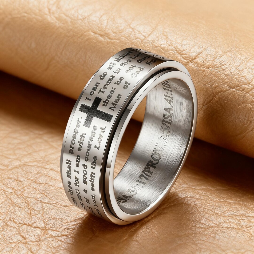 Lord’s Prayer Spinner Ring for Men - Christian Cross Band, Baptism Gift ...