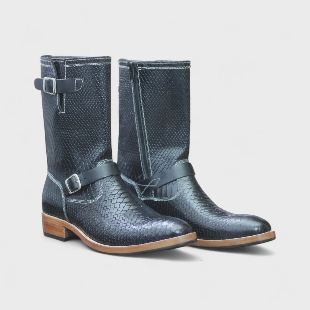 Men’s Black Python Print Engineer Boots | Motorcycle Boots for Riding ...