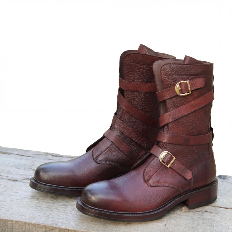 Handmade Full Grain Leather Tanker Boots Brown Buckle Straps - Etsy