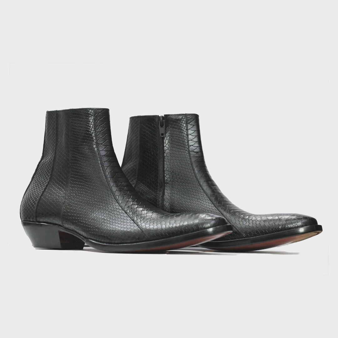 Handmade Black Python Texture Leather Boots - Motorcycle Rider Ankle ...