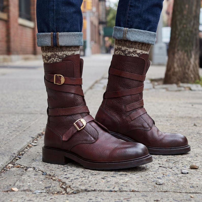 Handmade Full Grain Leather Tanker Boots Brown Buckle Straps - Etsy