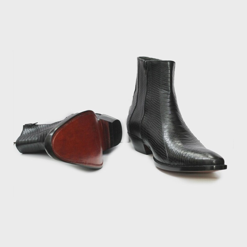 Handmade Black Python Texture Leather Boots - Motorcycle Rider Ankle ...