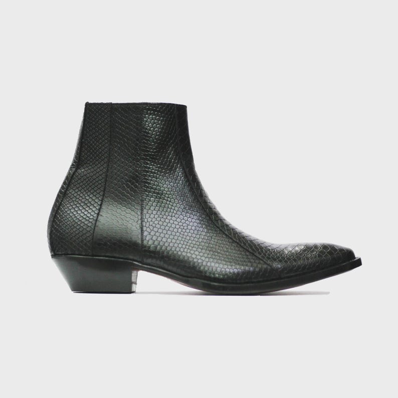 Handmade Black Python Texture Leather Boots - Motorcycle Rider Ankle ...