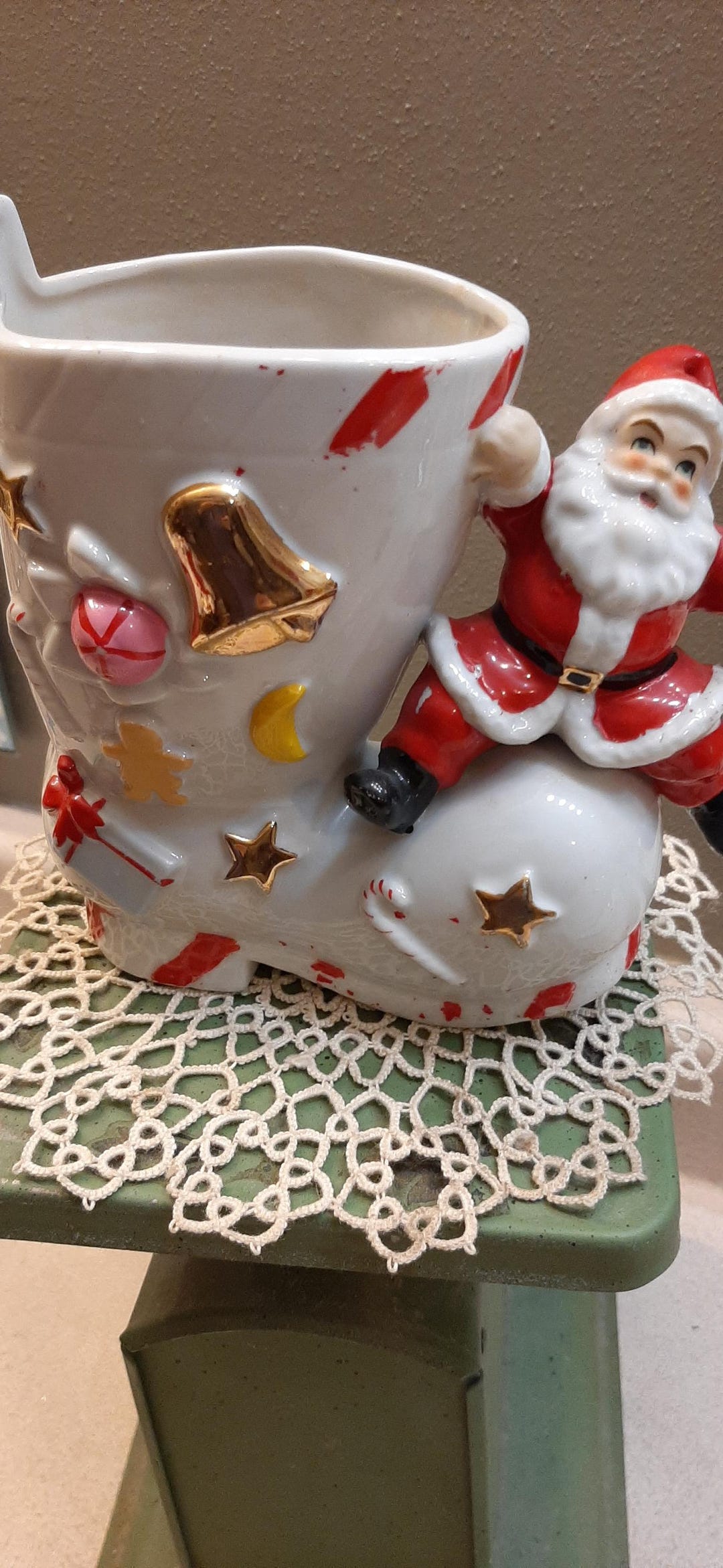 Vintage Christmas Boot Planter With Santa Sitting on the End/gifts ...