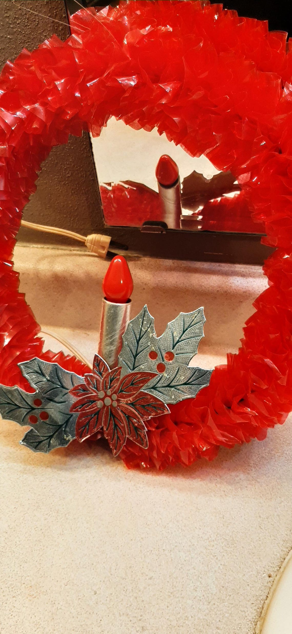 Vintage Cellophane Christmas Wreath Electric Holiday Collectible Red ...