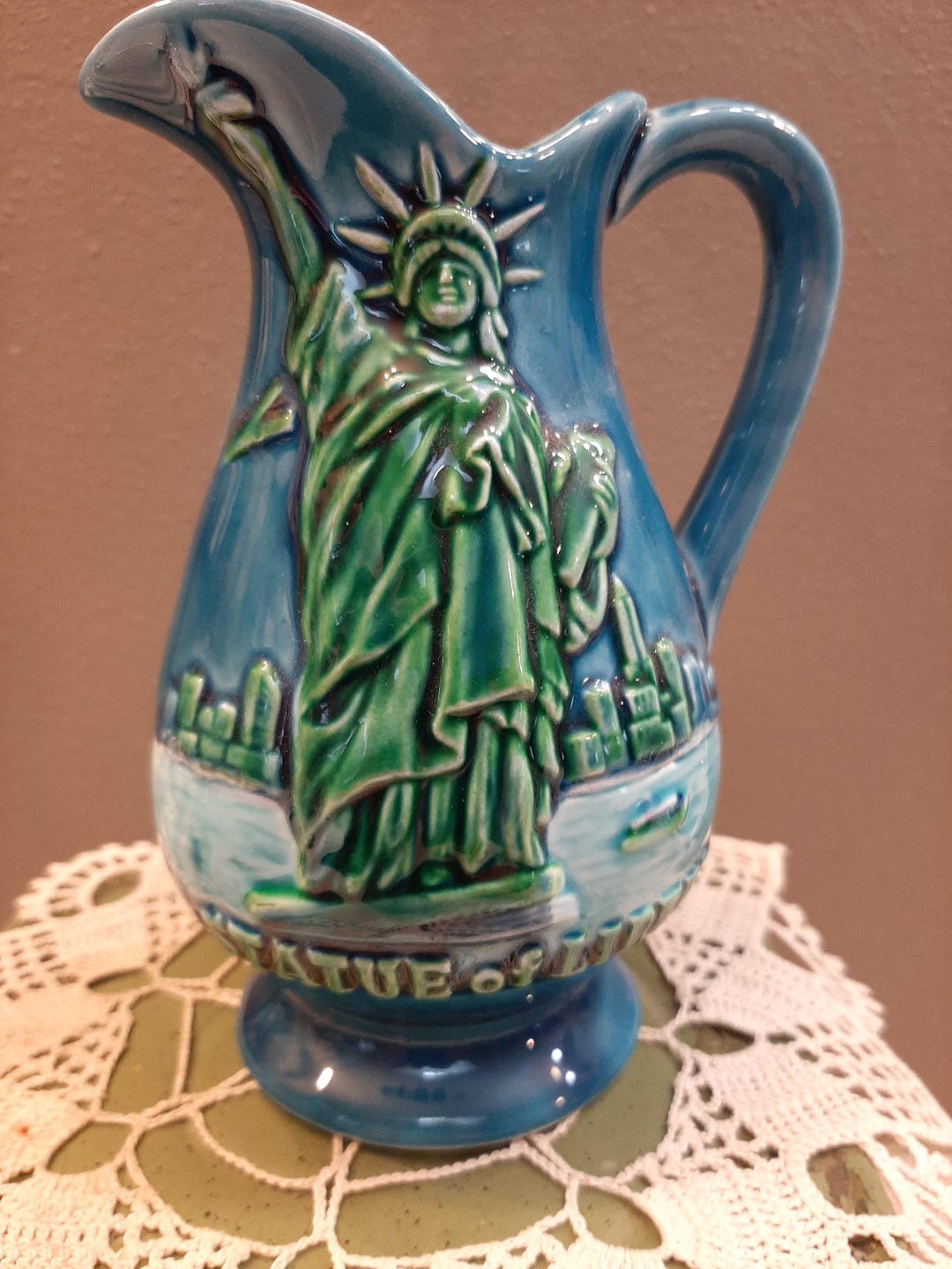 Vintage Rare Blue Green Statue of Liberty Pitcher Japan 5 5/8" Tall ...