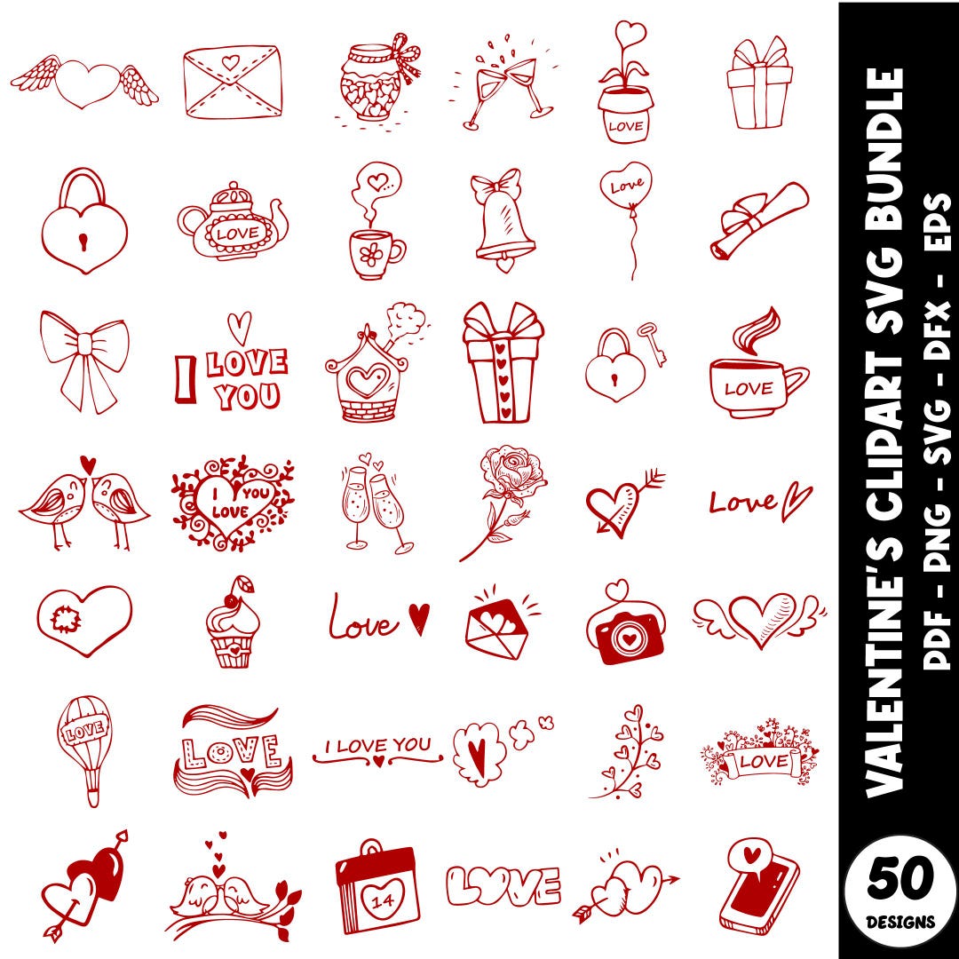 Valentine's Clipart Bundle: Hand-drawn Doodle Svg and Png Clipart, Hand ...