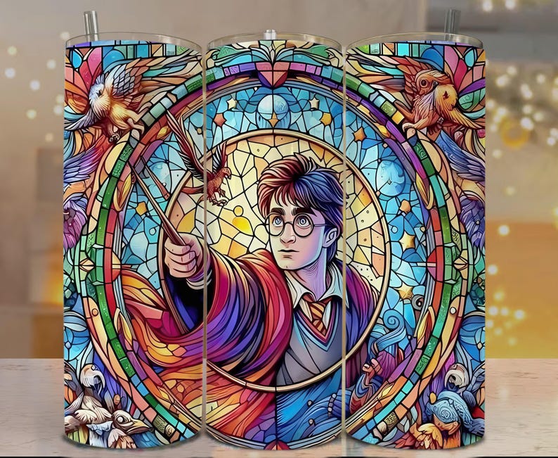 Pack of 2 Wizard Stained Glass Tumbler Wrap: Magical Boy Art (PNG ...